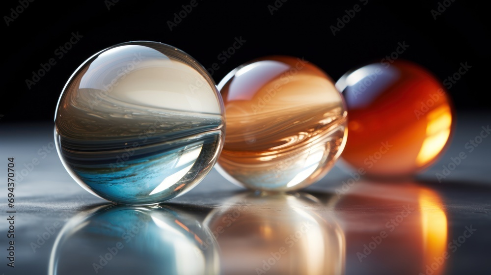 a group of three marbles sitting next to each other on top of a ...
