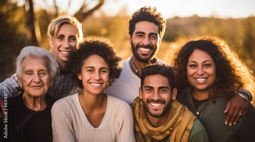 Multigenerational family bonding outdoors, golden hour glow, diverse ...