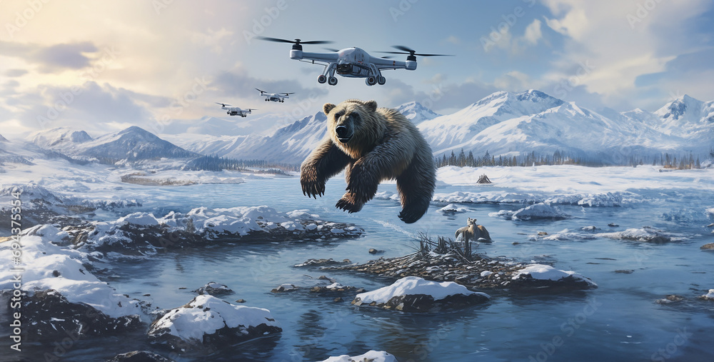 polar bear in the ice, polar bear in the region, polar bear, drones catching bear in snow, Stock ...