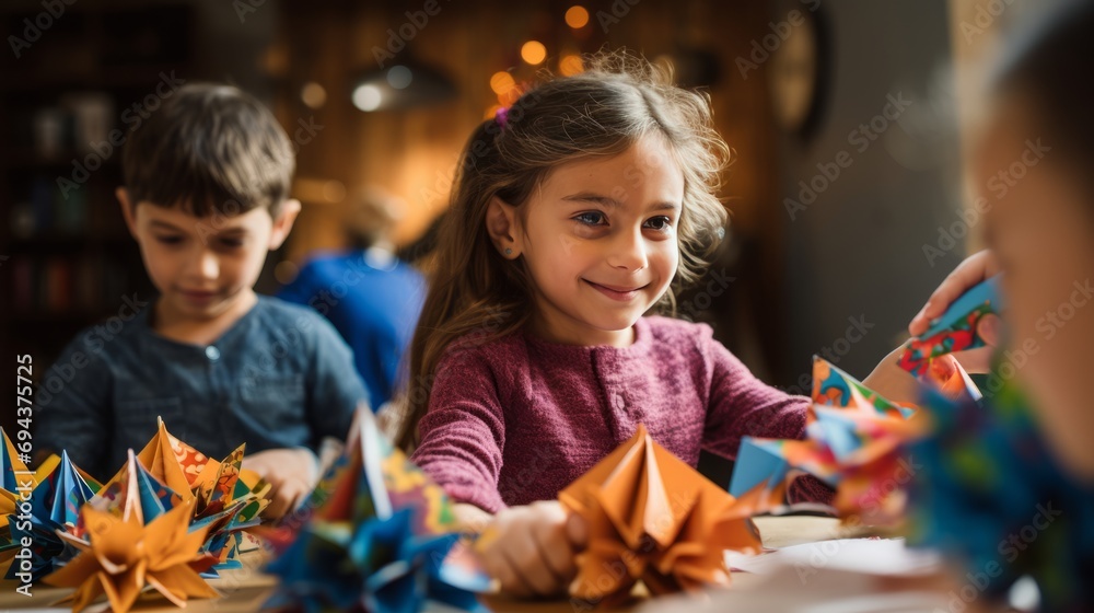 Children engaging in a fun origami paper folding activity creating ...