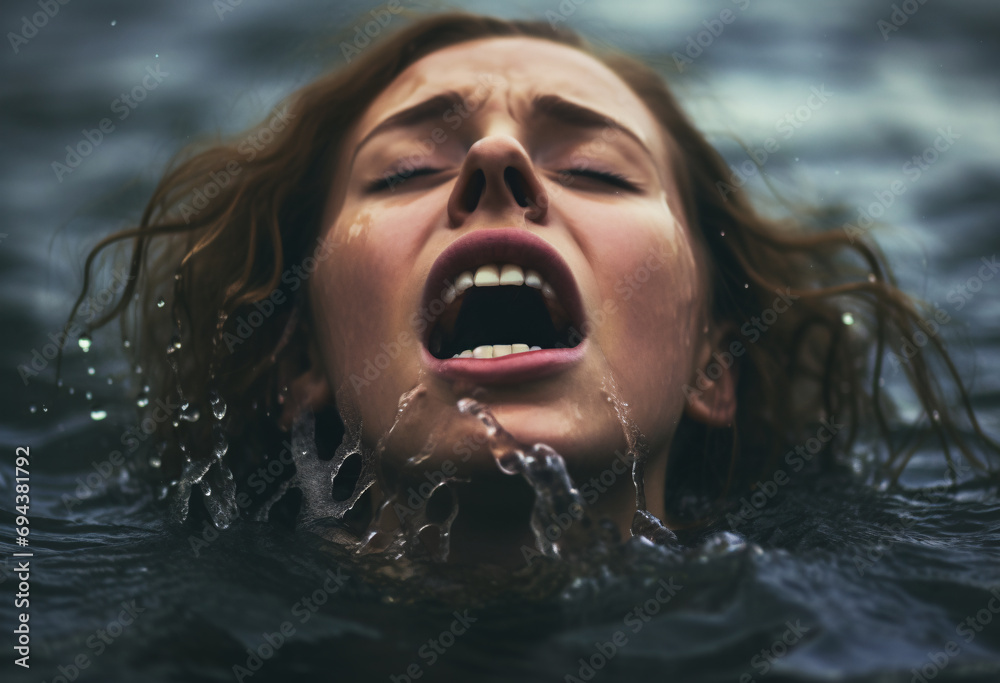 A brunette woman under water screaming with her mouth open, drowning in ...