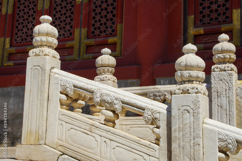 White Marble stone railing outside Dacheng Hall of Beijing Temple of ...