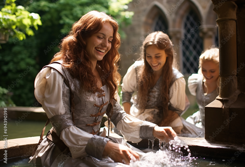 Three females in white diaphanous, chiffon slips smiling and laughing ...