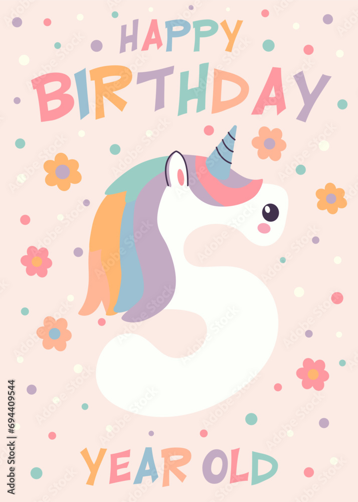 Birthday invitation card design with number and unicorn. Five year ...