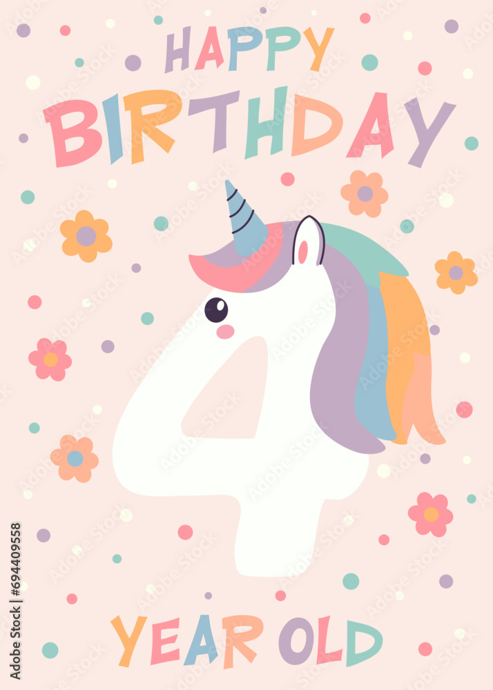 Birthday invitation card design with number and unicorn. Four year ...