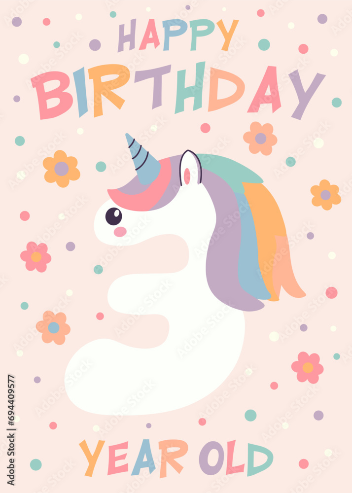 Birthday invitation card design with number and unicorn. Three years ...