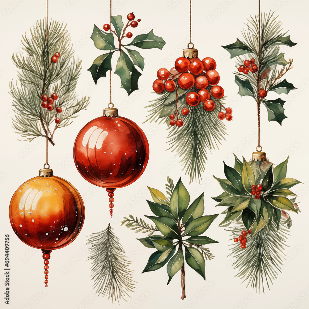Christmas toys and holly branches, watercolor clipart. AI Generated ...