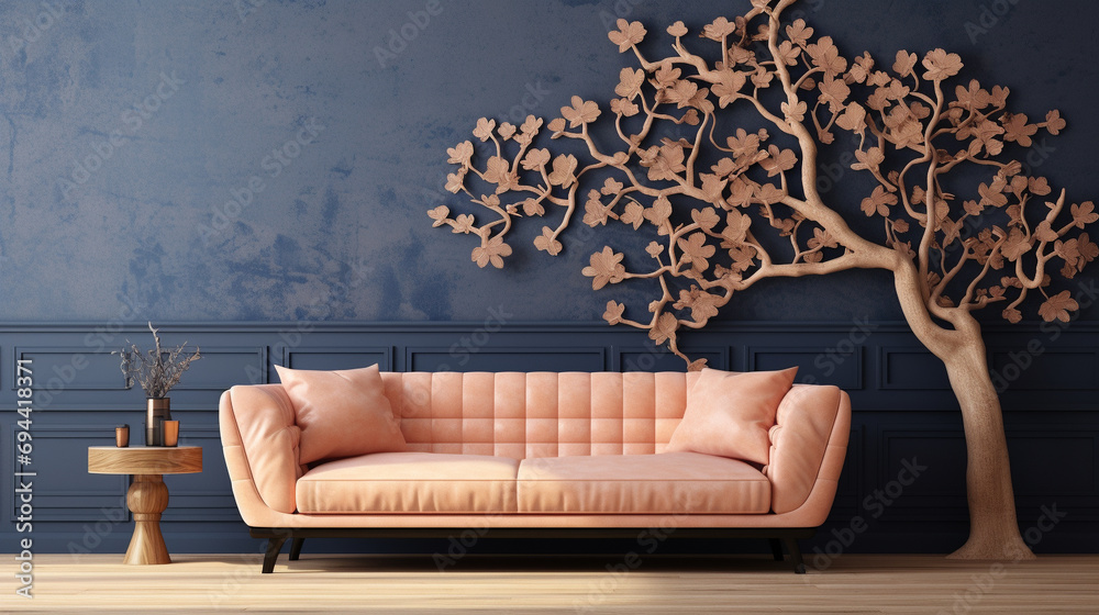 3D pattern of a plane tree on a sofa with mottled bark, set against a ...