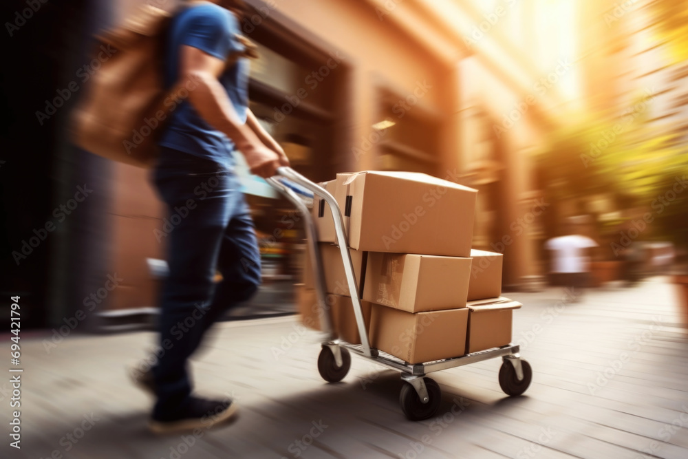 Delivery man pushing a cart with cardboard boxes Stock Photo | Adobe Stock