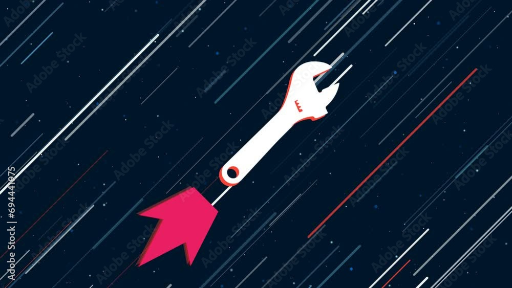 Adjustable wrench symbol flies through the universe on a jet propulsion ...