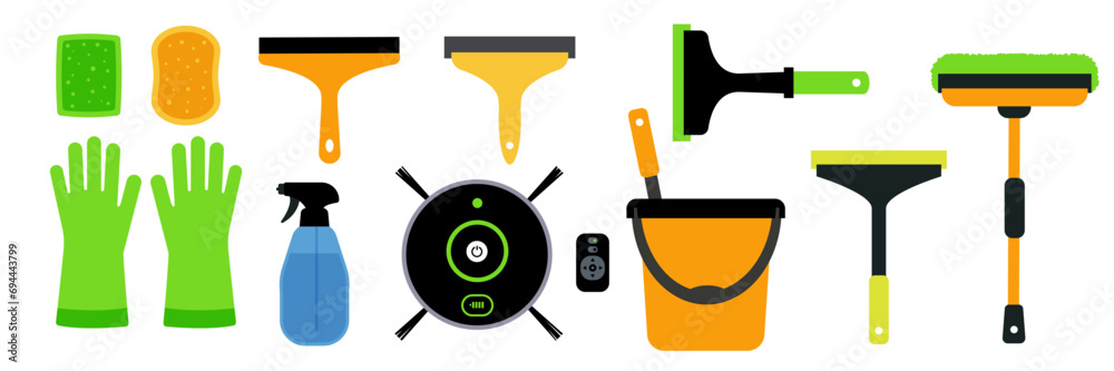 Big set of Cartoon cleaning tools for washing window, floor and wet ...