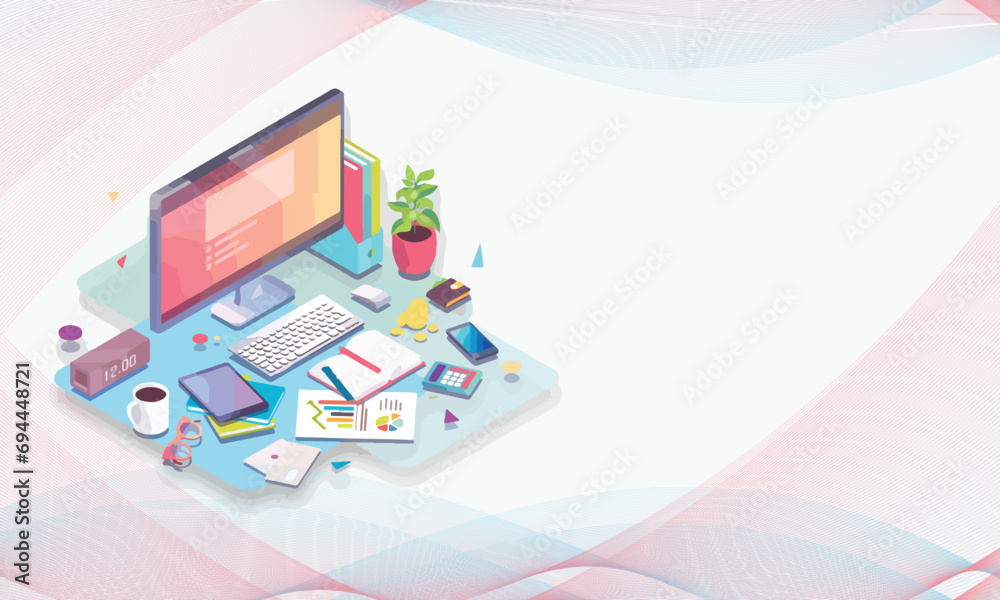 Messy workplace illustration of computer keyboard Stock Vector | Adobe ...