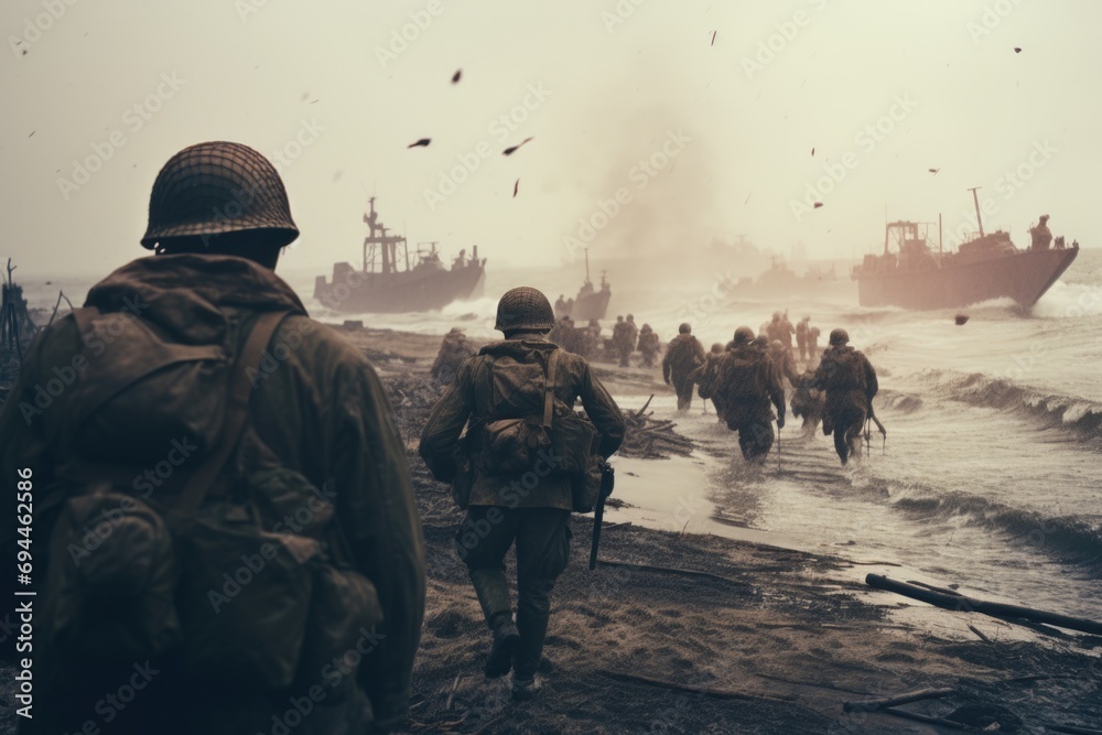 A group of soldiers walking along a picturesque beach. Perfect for ...