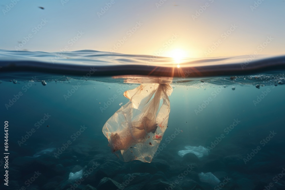 A plastic bag floating in the ocean at sunset. This image can be used ...
