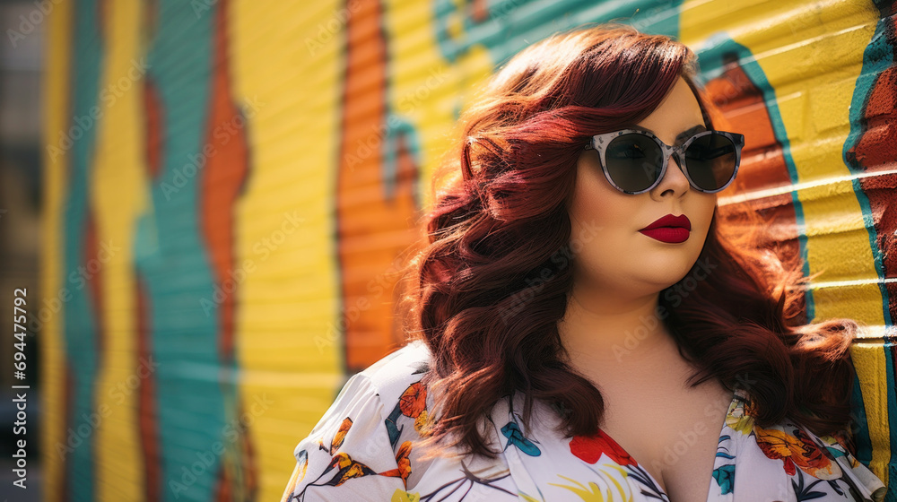 Stylish american plus size model at streets of city against graffity ...