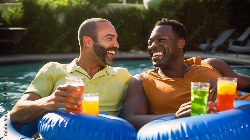 Two men, back to back, relaxing on floaties in the middle of the pool ...