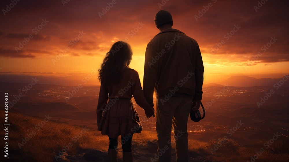 Two silhouettes, hand in hand, against a breathtaking sunset, capturing ...