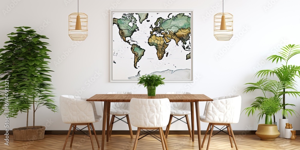 Modern dining room with mock up poster map, shared table chairs, gold ...