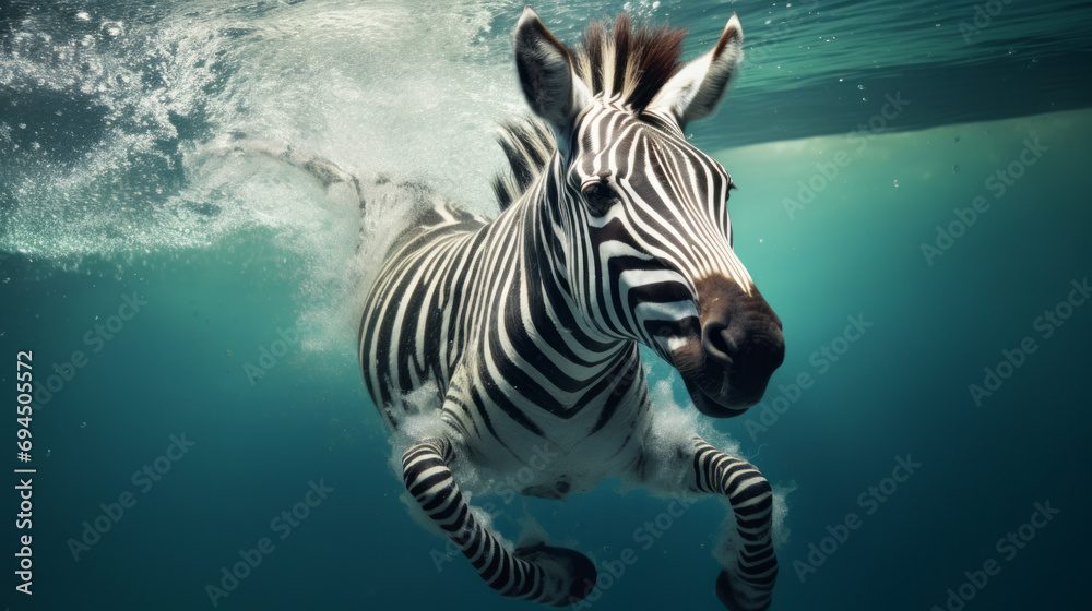 Zebra jump into a water. Underwater photography. Animal dive into the ...