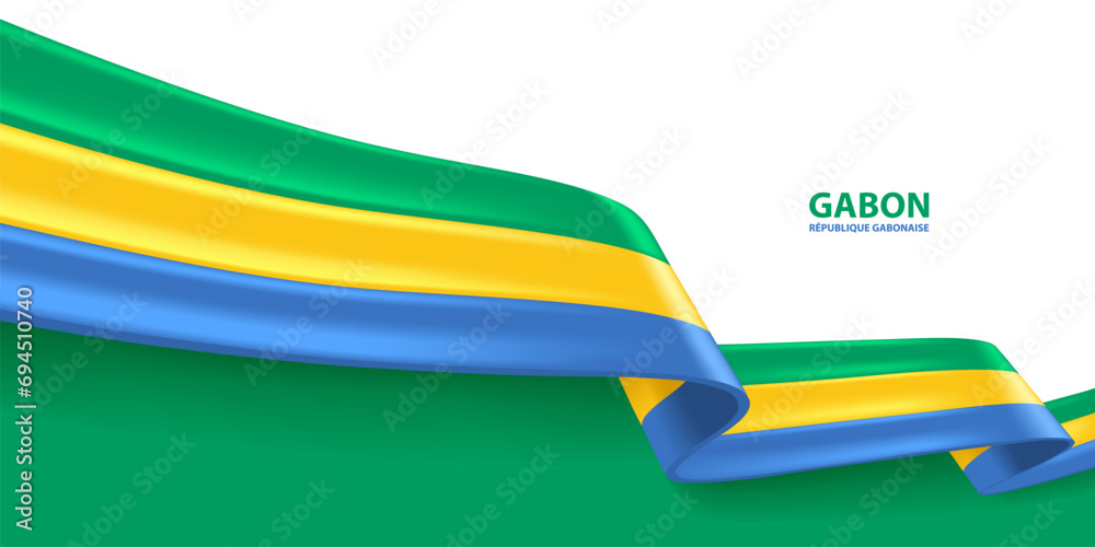 Gabon 3D ribbon flag. Bent waving 3D flag in colors of the Gabon ...