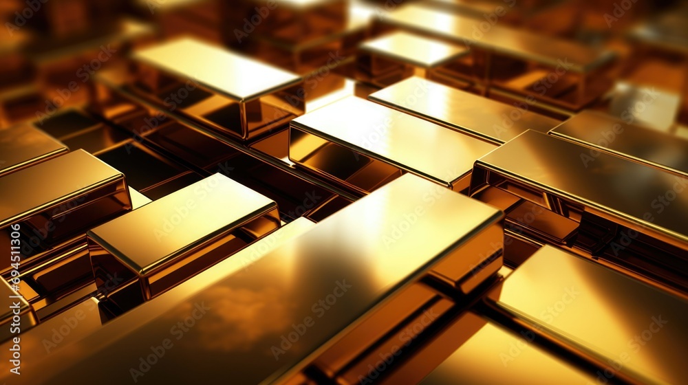 Close-up view of 3D golden blocks, gold bars in a geometric arrangement ...