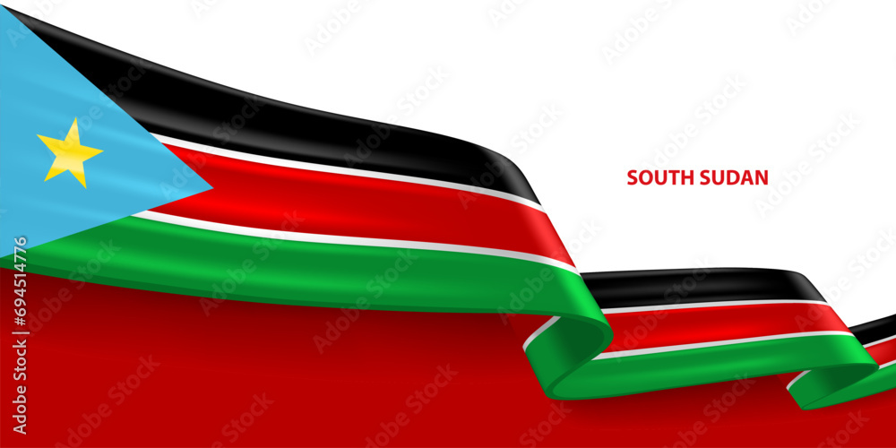 South Sudan 3D ribbon flag. Bent waving 3D flag in colors of the South ...