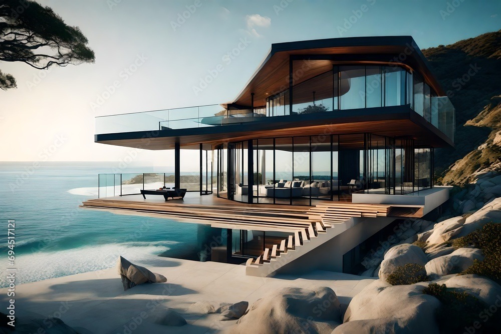 An architecturally stunning beachfront residence with panoramic windows ...