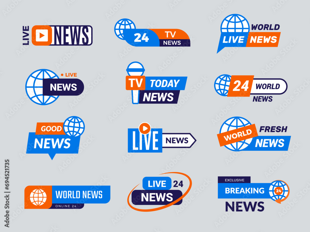 World news logo. Emblems for news tv entertainment recent vector badges ...