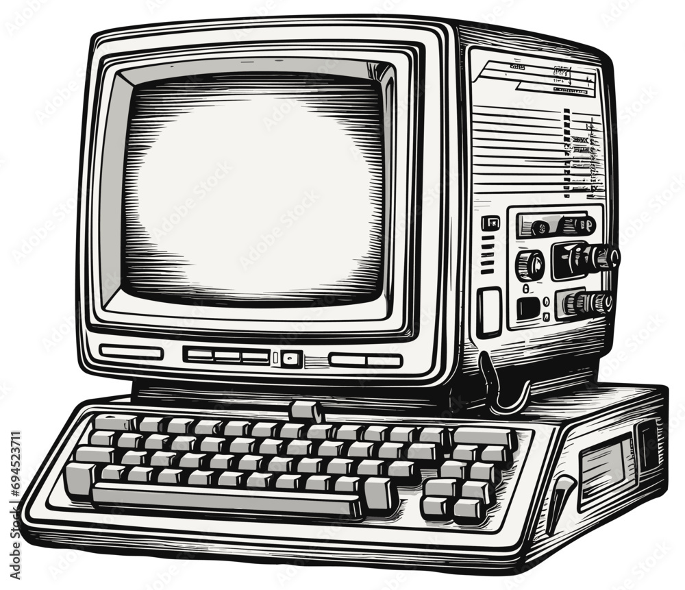 Retro computer sketch. Computers history object engraving vector ...