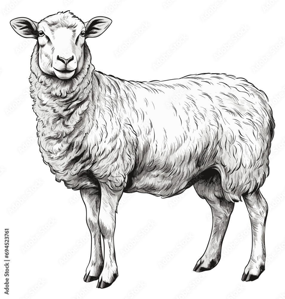 Sheep sketch. Mutton animal etching isolated on white background, wooly ...