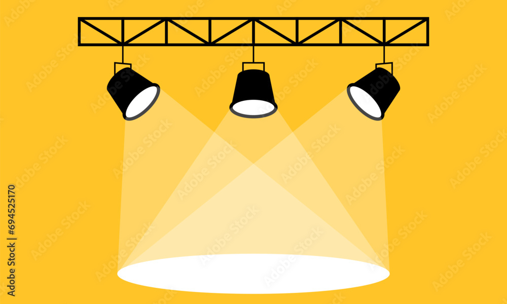 Vector stage with set of yellow spotlights. Show light. Empty pedestal for award ceremony or ...
