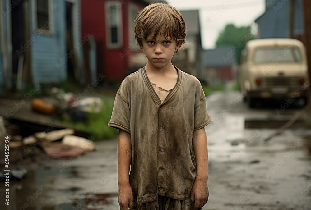 Hopeful Little boy standing in poor neighborhood. Sad child living in ...