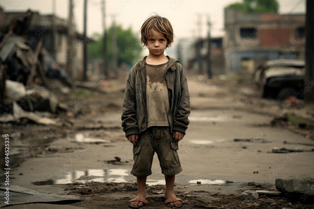 Resilient Little boy standing in poor neighborhood. Sad child living in ...