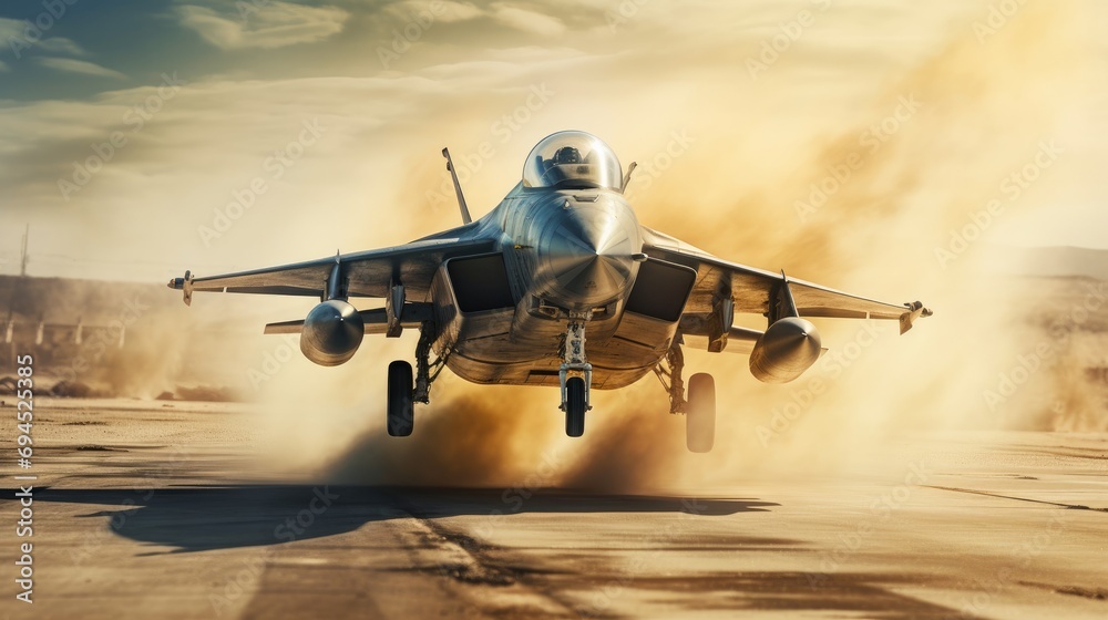 Combat military fighter rapidly takes off at high speed from the runway ...