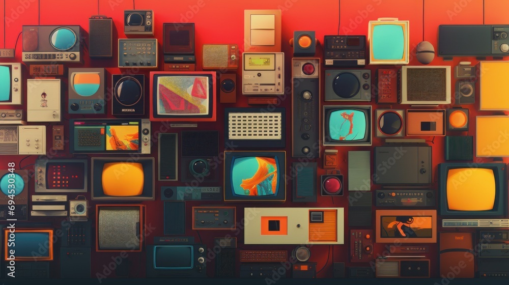 Analog aesthetic in design. Many analog gadgets and TVs. Vintage ...