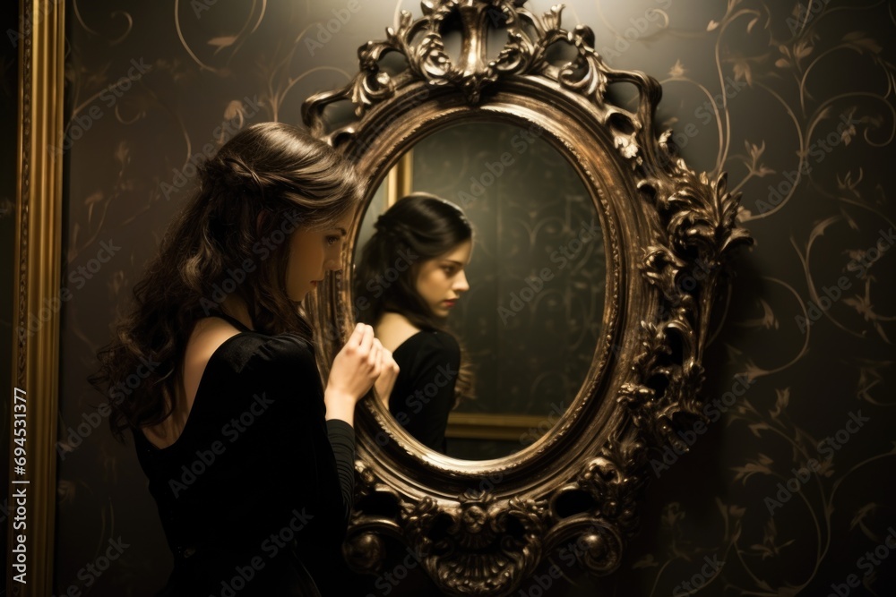 Image of a beautiful young girl standing in front of a mirror whose ...
