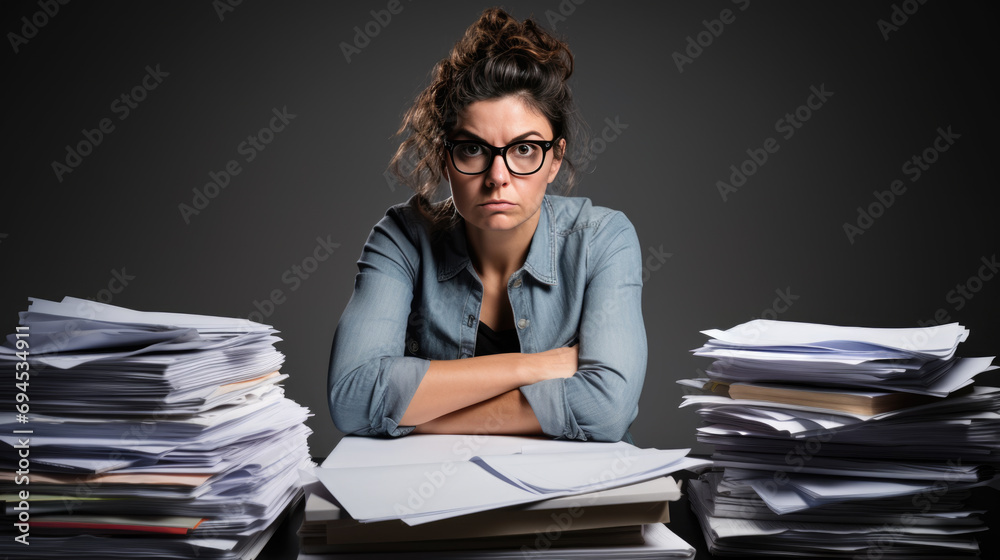 Woman looking overwhelmed and stressed while sitting at a desk piled ...