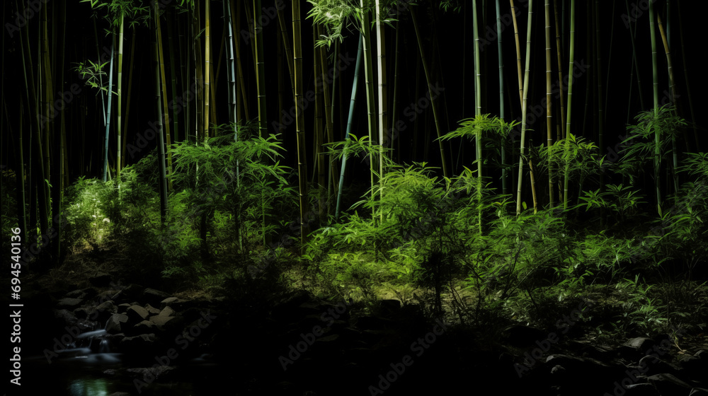 Towering bamboo stalks leaning inward, their green tips touching, with ...