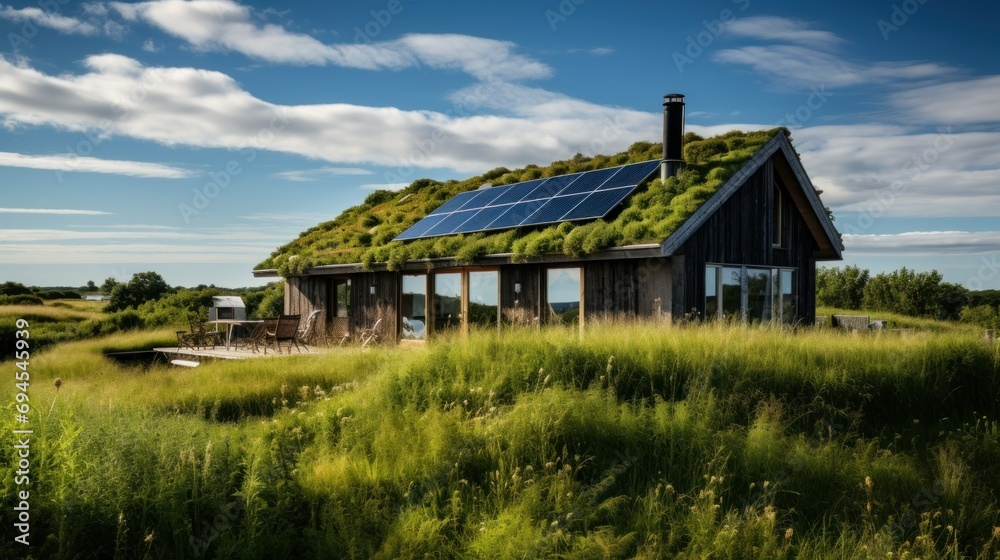 Eco-Friendly House with Green Roof and Solar Panels. An eco-friendly ...
