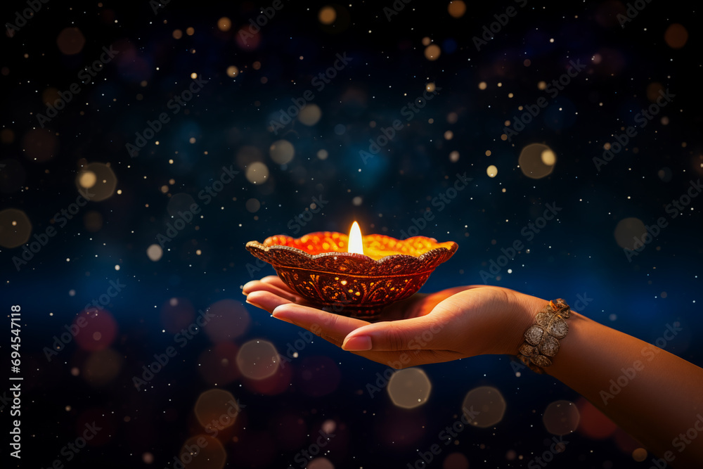 A hand holding a traditional Diya against a starry night sky, with the ...