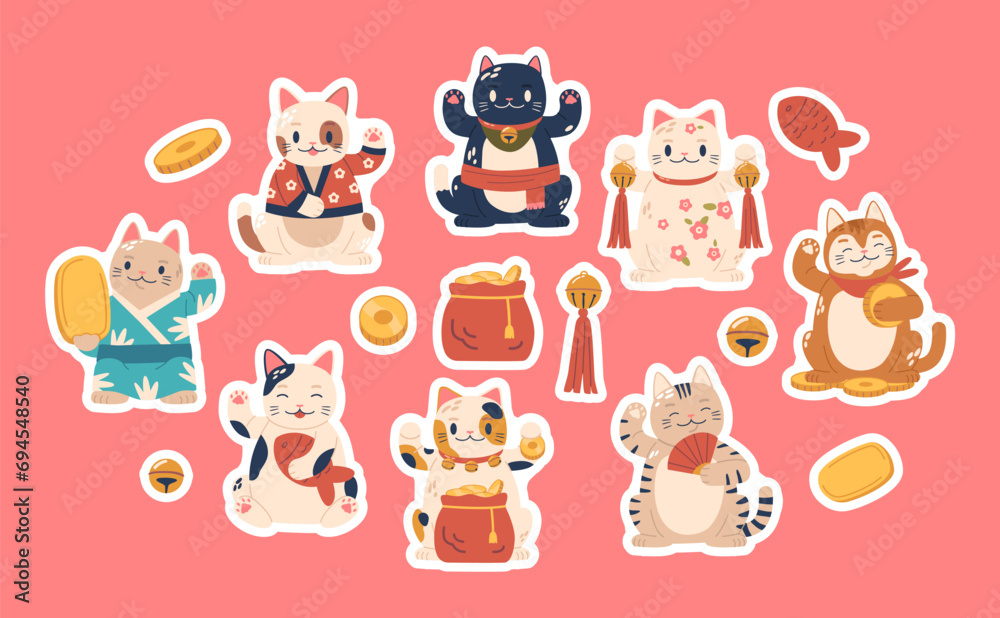 Lucky Cats Maneki Neko Stickers Feature Adorable, Beckoning Feline Characters With Traditional ...