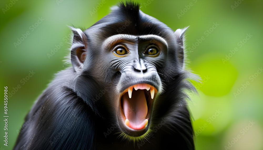 Celebes crested macaque with open mouth. Close up portrait on the green ...