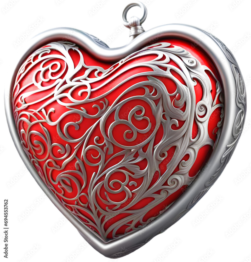 Silver and red filigree heart on transparent background for any ...