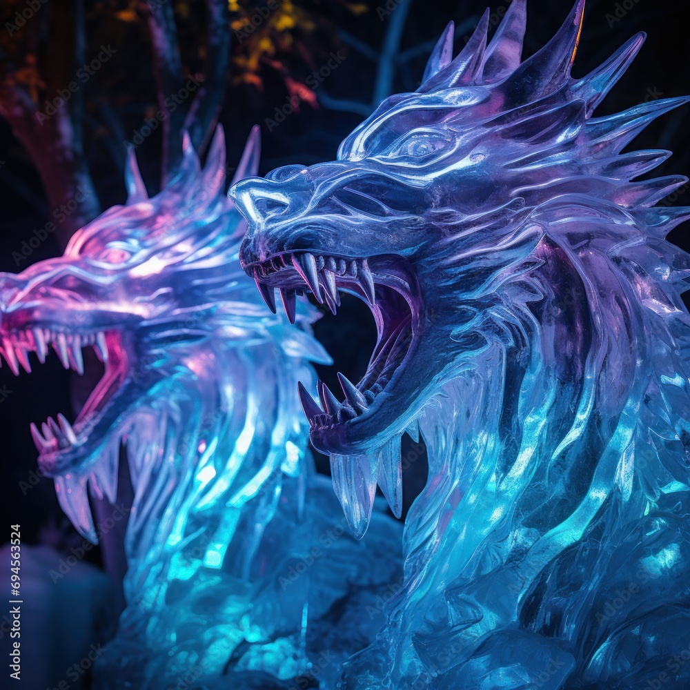 Detailed ice sculptures of mythical dragons roar against a dark sky ...