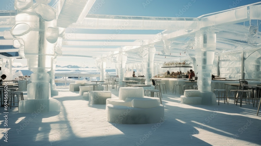 The stunning interior of an ice bar reveals tables, chairs, and ...