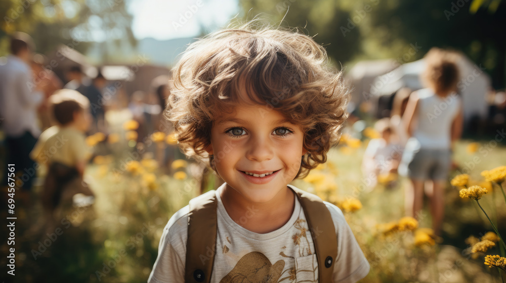 happy child in children's summer camp, boy, girl, tent, forest, scout ...