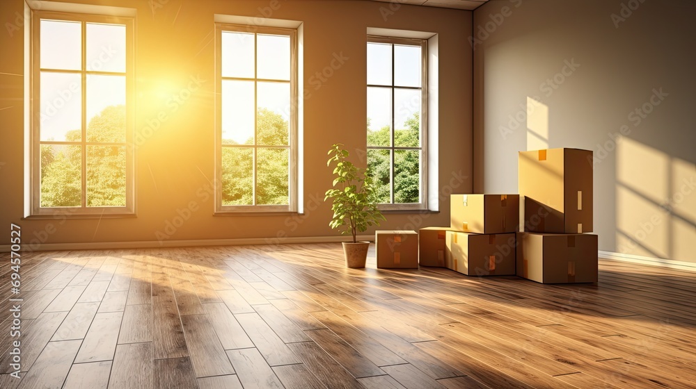 Full of boxes room waiting to be unpacked on moving day, Moving house ...