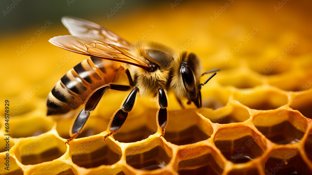Une jeune abeille sur un rayon avec des alvéoles pleines de miel dans ...