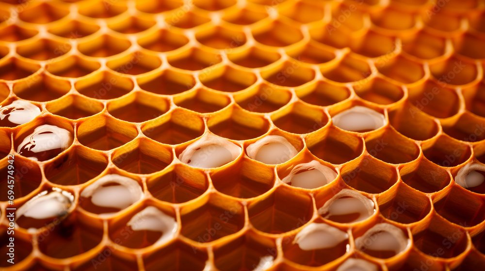 Gros plan sur un rayon avec des alvéoles pleines de miel dans une ruche ...