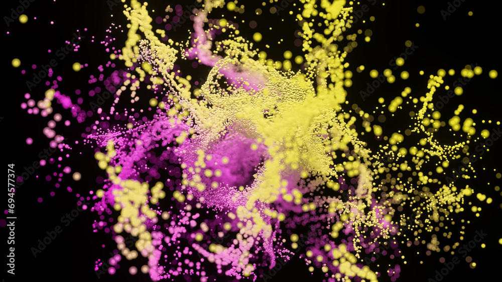Multicolored flying particles on a black background in 3D illustration ...